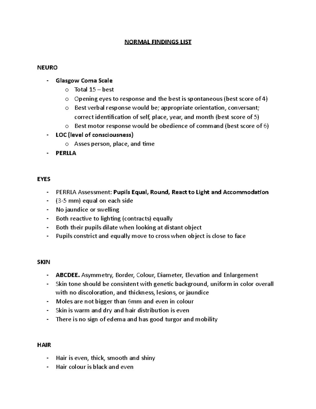 Normal Findings LIST - NORMAL FINDINGS LIST NEURO Glasgow Coma Scale o ...