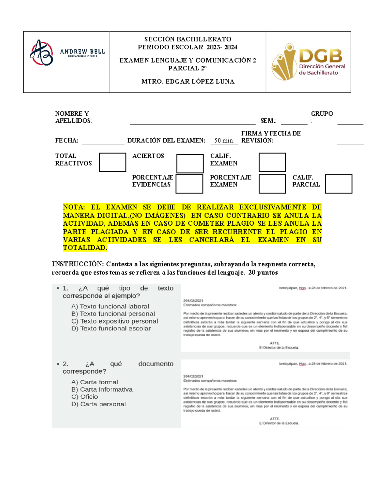 2° parcial Lenguaje y comunicación 2 (2) - PERIODO ESCOLAR 2023- 2024 EXAMEN LENGUAJE Y ...