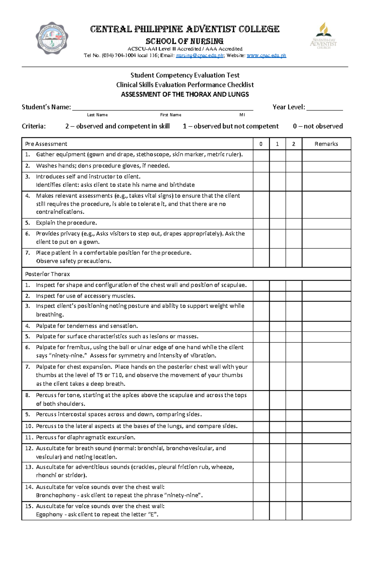 CPAC-HA-Thorax-Checklist - Central Philippine Adventist College School ...