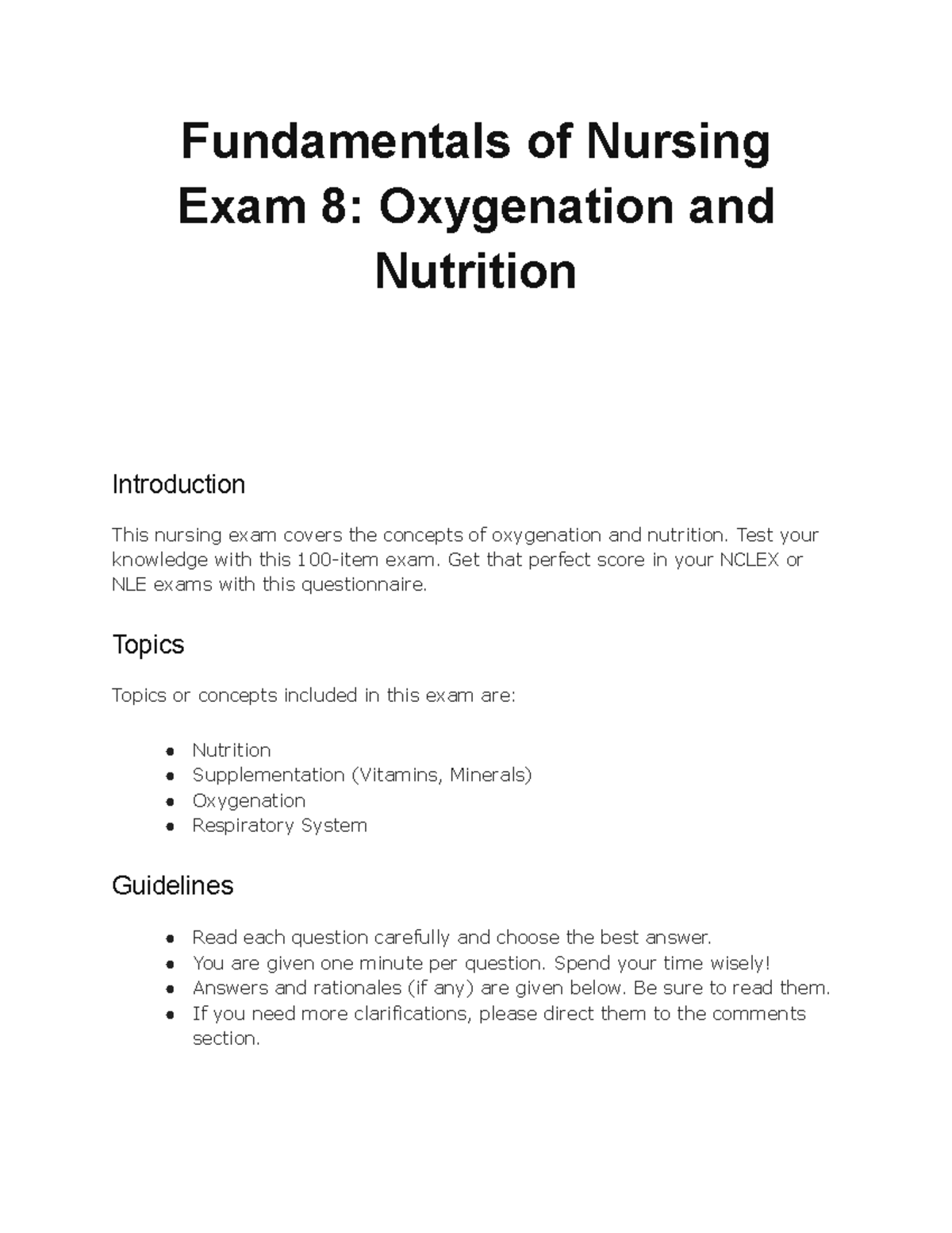 Fundamentals of Nursing Exam 8 - Test your knowledge with this 100-item ...
