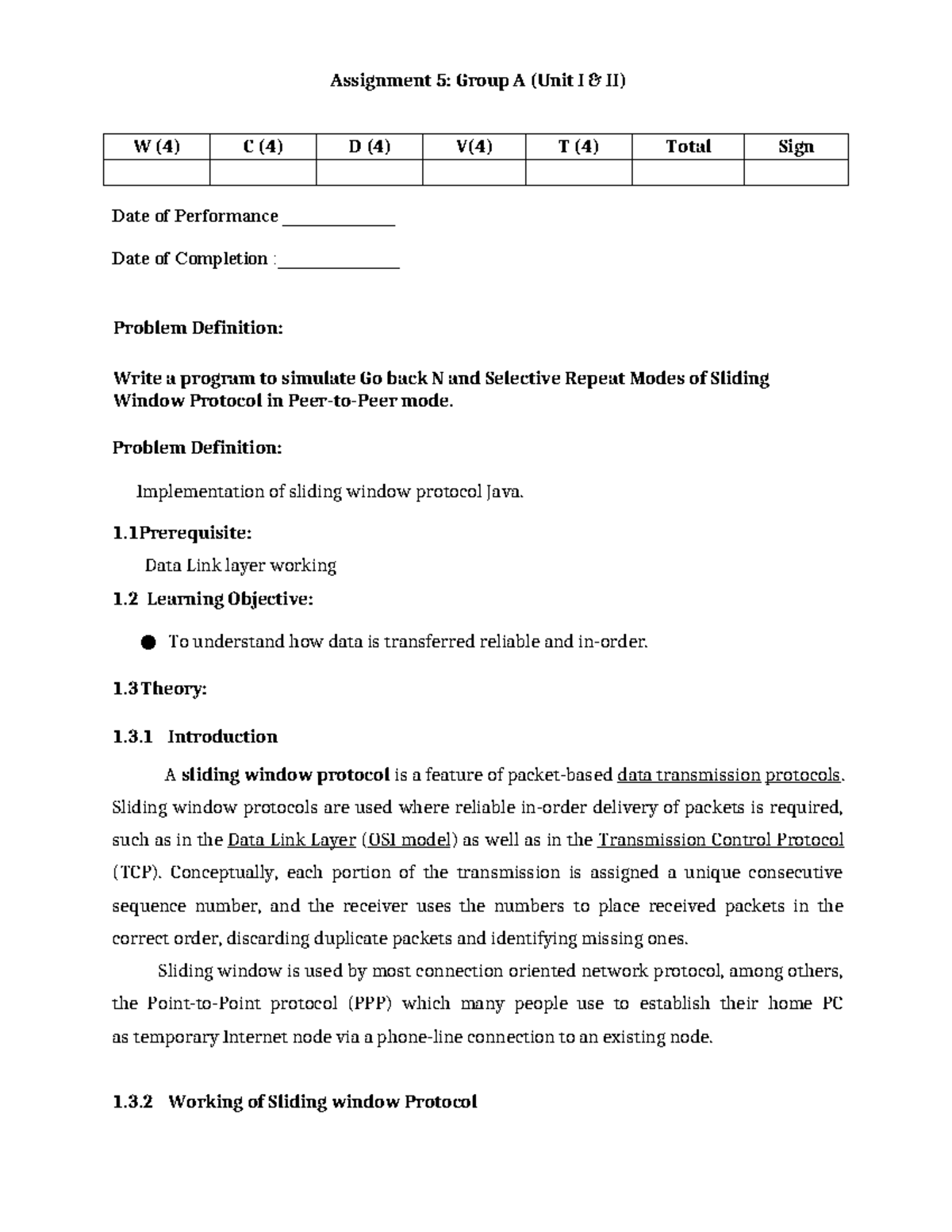 5. Assg5 Sliding Window - Assignment 5: Group A (Unit I & II) W (4) C ...