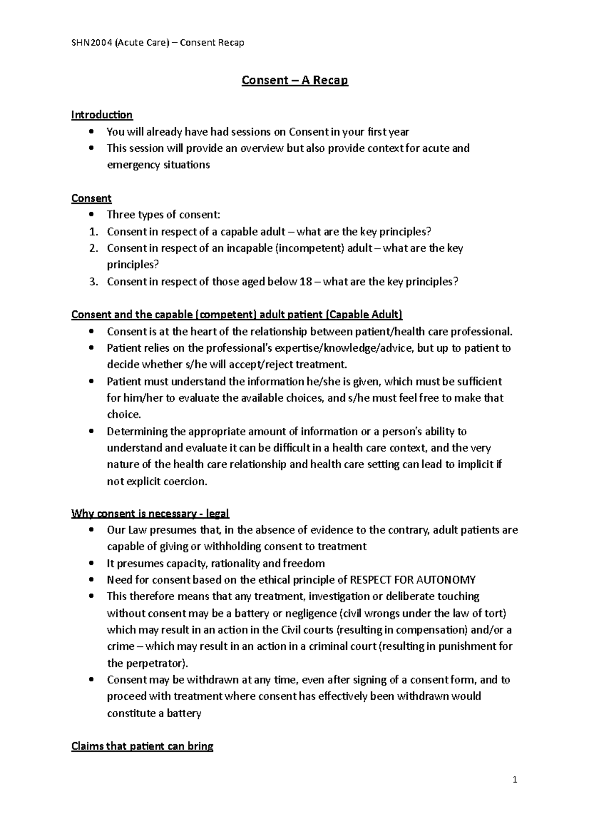 Patient Consent Notes - Consent – A Recap Introduction You will already ...