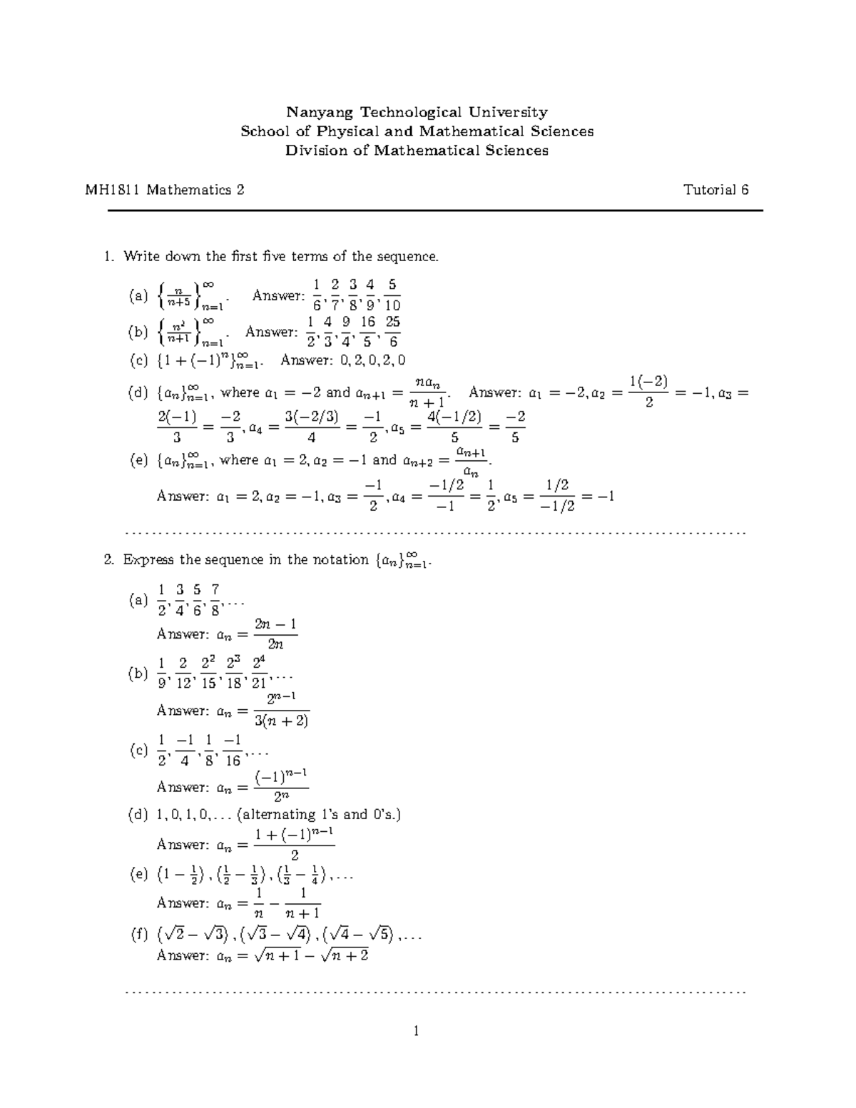 MH1811 Tutorial 6 SS 2020 Seq soln - Nanyang Technological University School of Physical and ...