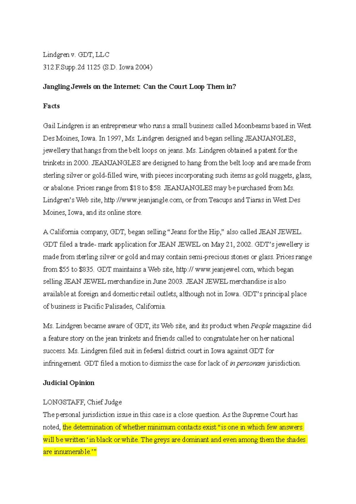 Case study 3 - Case - Lindgren v. GDT, LLC 312 F.Supp 1125 (S. Iowa 2004) Jangling Jewels on the ...