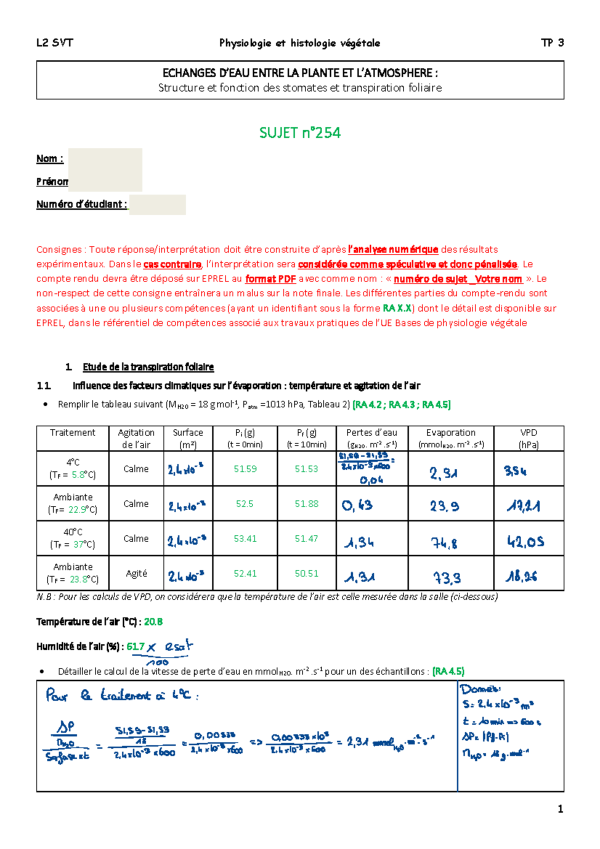 TP 4 physiologie - ECHANGES D’EAU ENTRE LA PLANTE ET L’ATMOSPHERE : Structure et fonction des ...