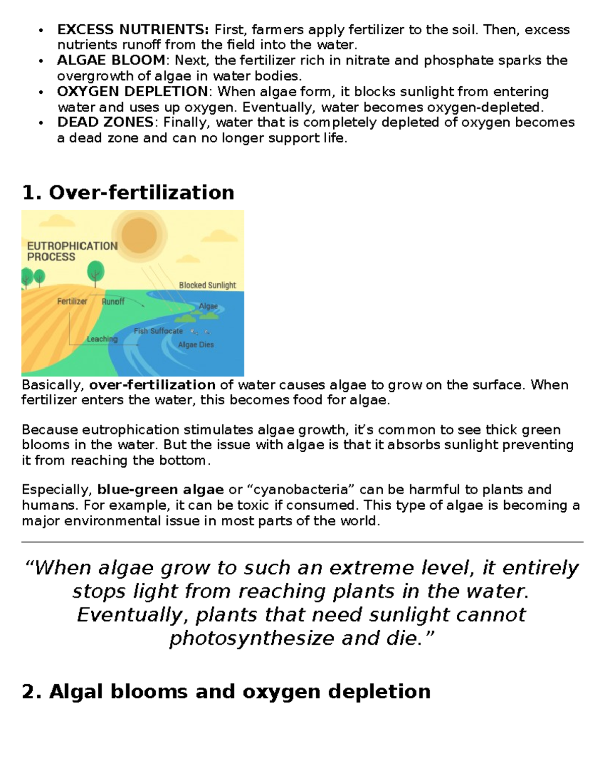 Eutrophication - EXCESS NUTRIENTS: First, farmers apply fertilizer to ...