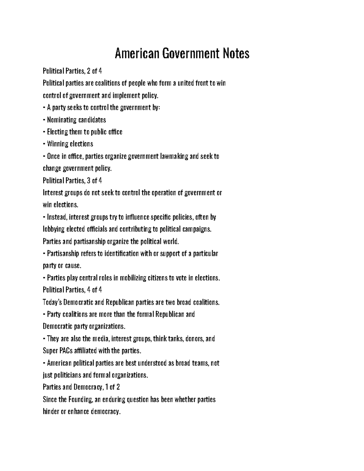 American Government Notes- Political Parties - A party seeks to control ...
