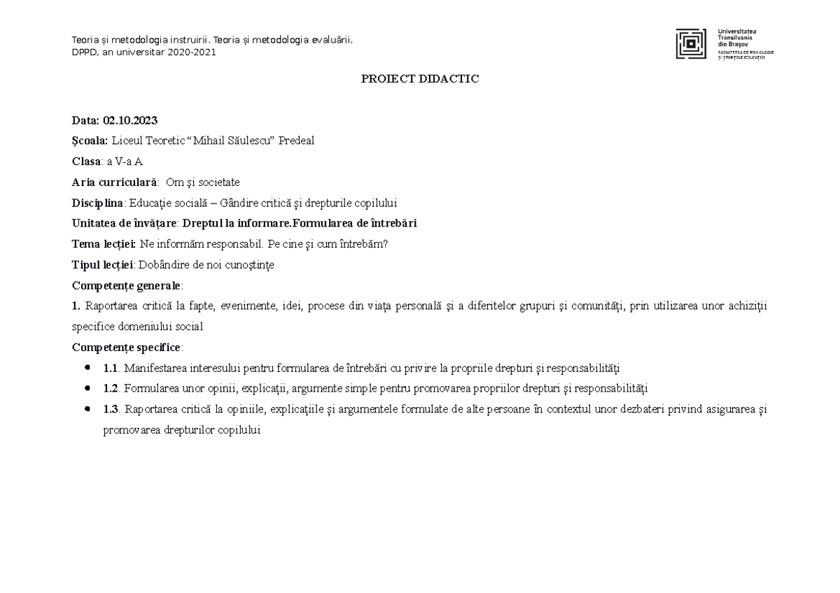 Proiect didactic - L2 - DPPD, an universitar 2020- PROIECT DIDACTIC ...