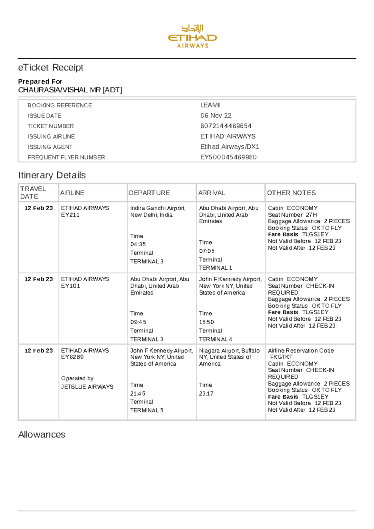 Electronic ticket receipt, February 12 for MR Vishal Chaurasia - Time 0 ...