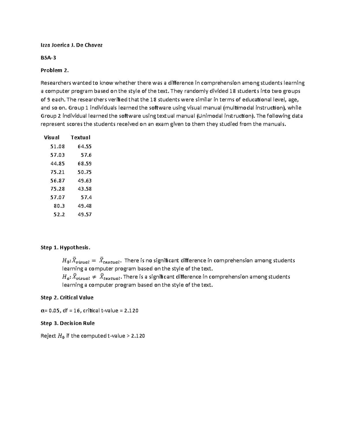 DE Chavez ttest - it's its a T-test in statistic subject - Izza Joerica ...