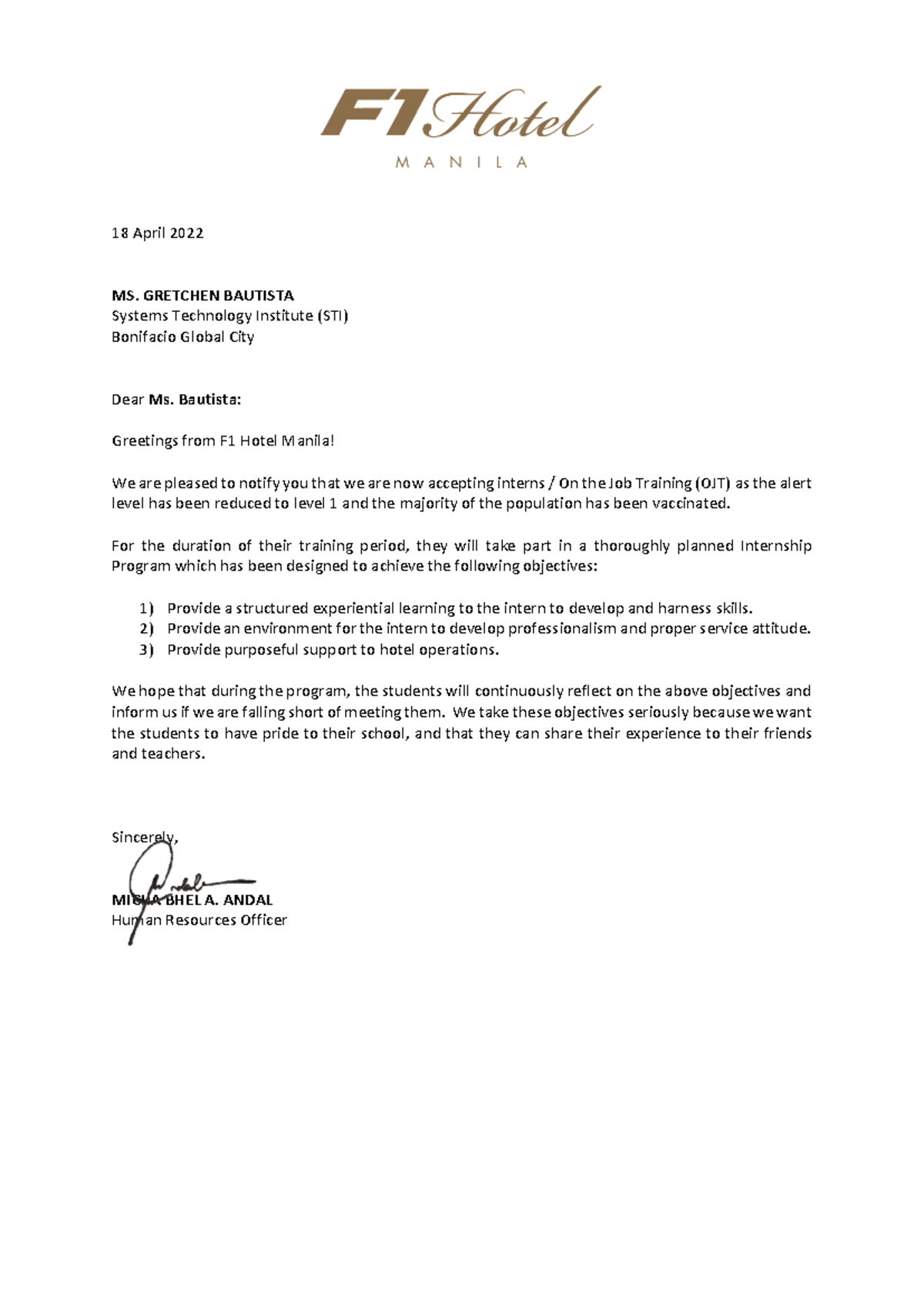 Internship Letter - STI Global School - 18 April 2022 MS. GRETCHEN ...