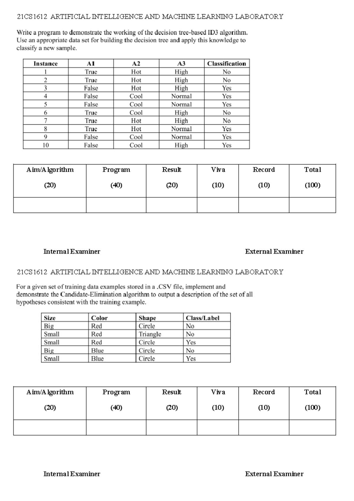 Aiml Lab Qp Set 2 Lab Manual Aimalgorithm 20 Program 40 Result