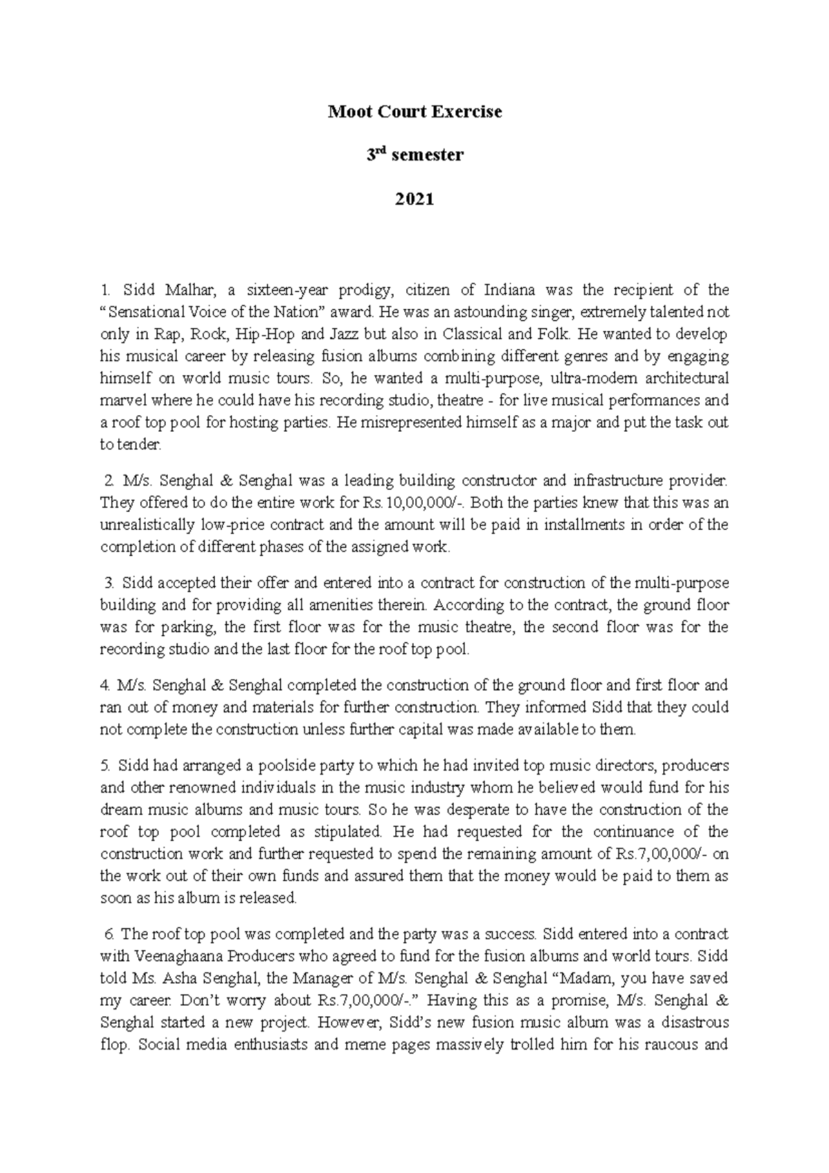 Moot problem contract law - Moot Court Exercise 3 rd semester 2021 Sidd ...