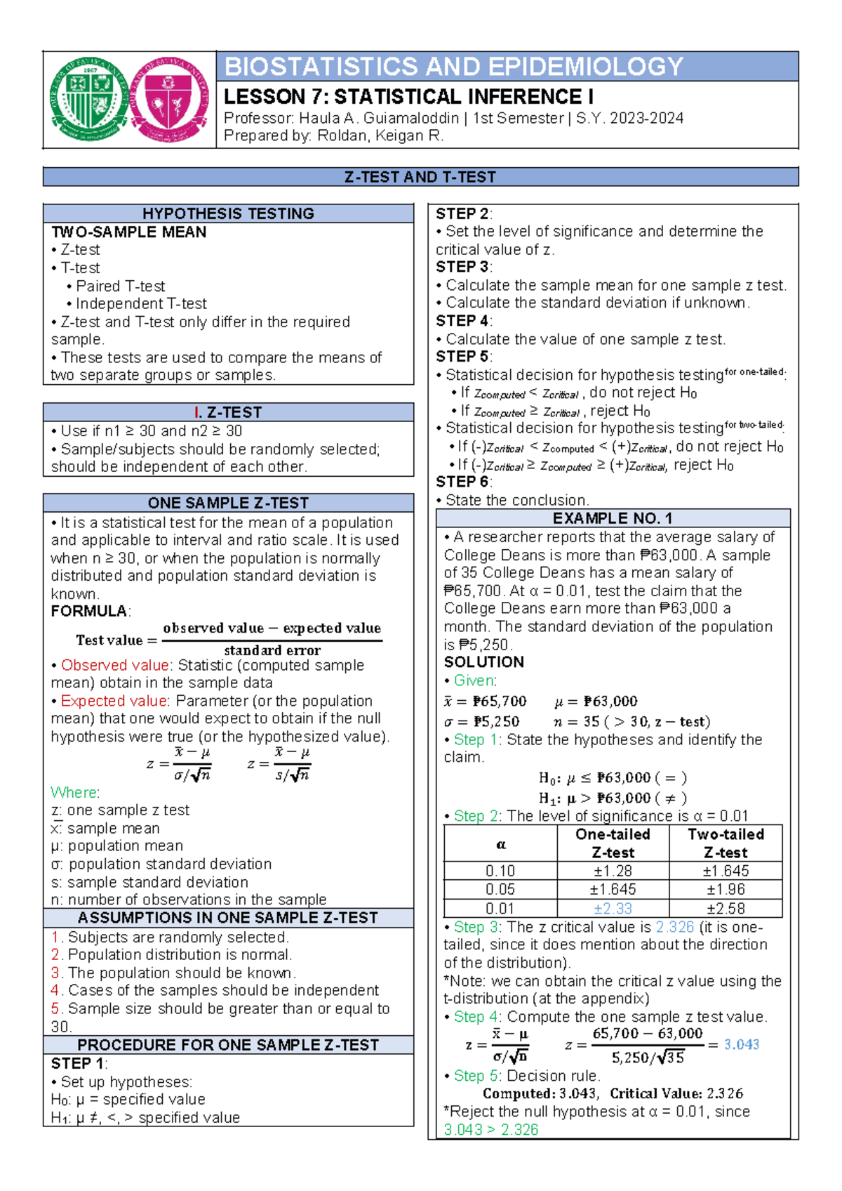 LESSON 7 [BIOE211] - BIOSTATISTICS AND EPIDEMIOLOGY LESSON 7: STATISTICAL INFERENCE I Professor ...