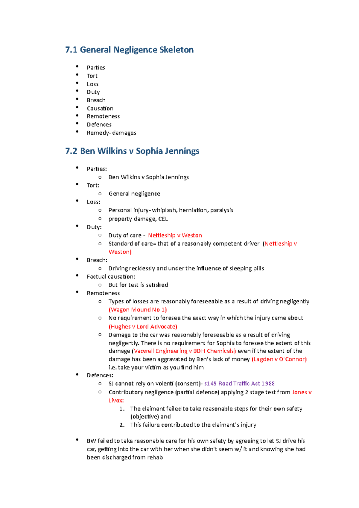 Tort Workshop 1 Notes - 7 General Negligence Skeleton Parties Tort Loss ...