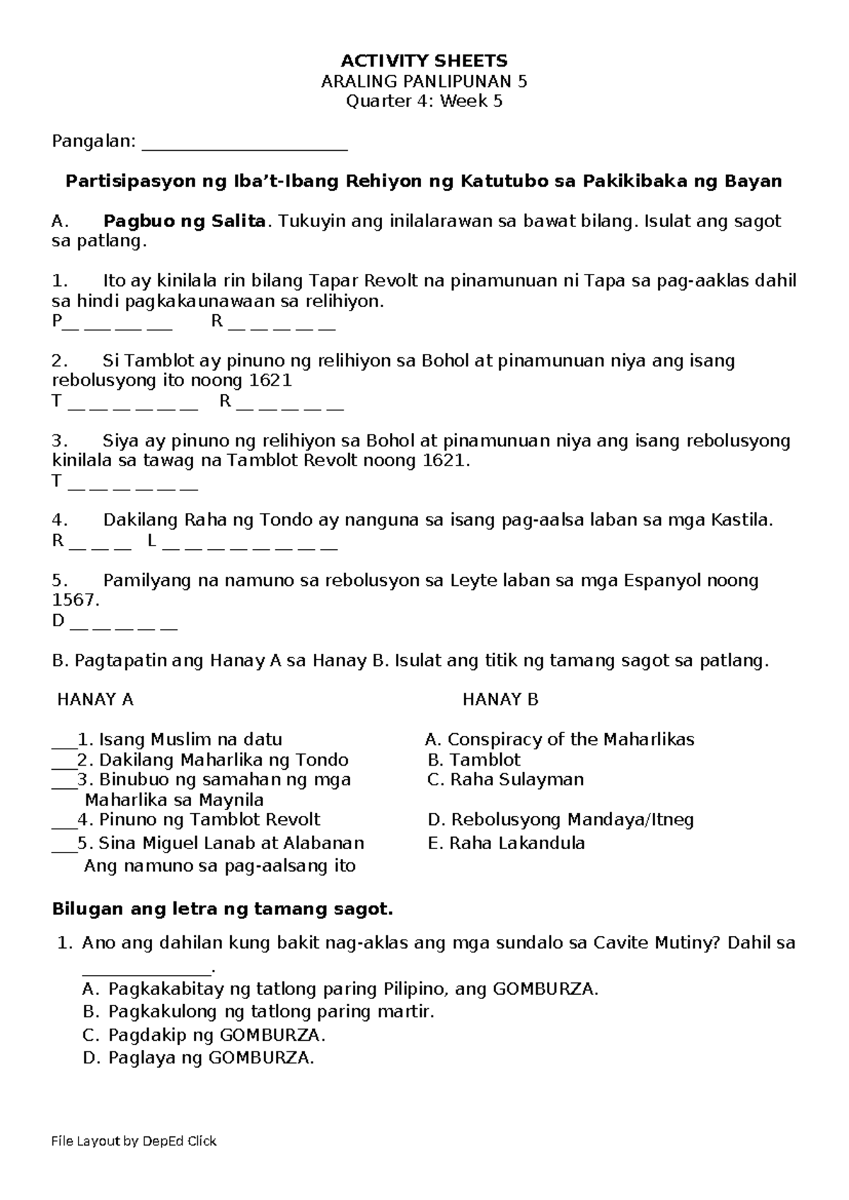AP 5 Activity Sheet Q4 W5 - ACTIVITY SHEETS ARALING PANLIPUNAN 5 Quarter 4: Week 5 Pangalan ...