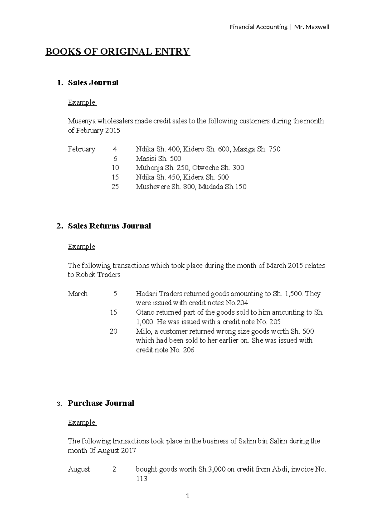 Books OF Original Entry - BOOKS OF ORIGINAL ENTRY 1. Sales Journal ...