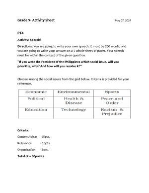 Grade 9- Activity Sheet (May 08, 2024) - Grade 9- Activity Sheet May 08 ...