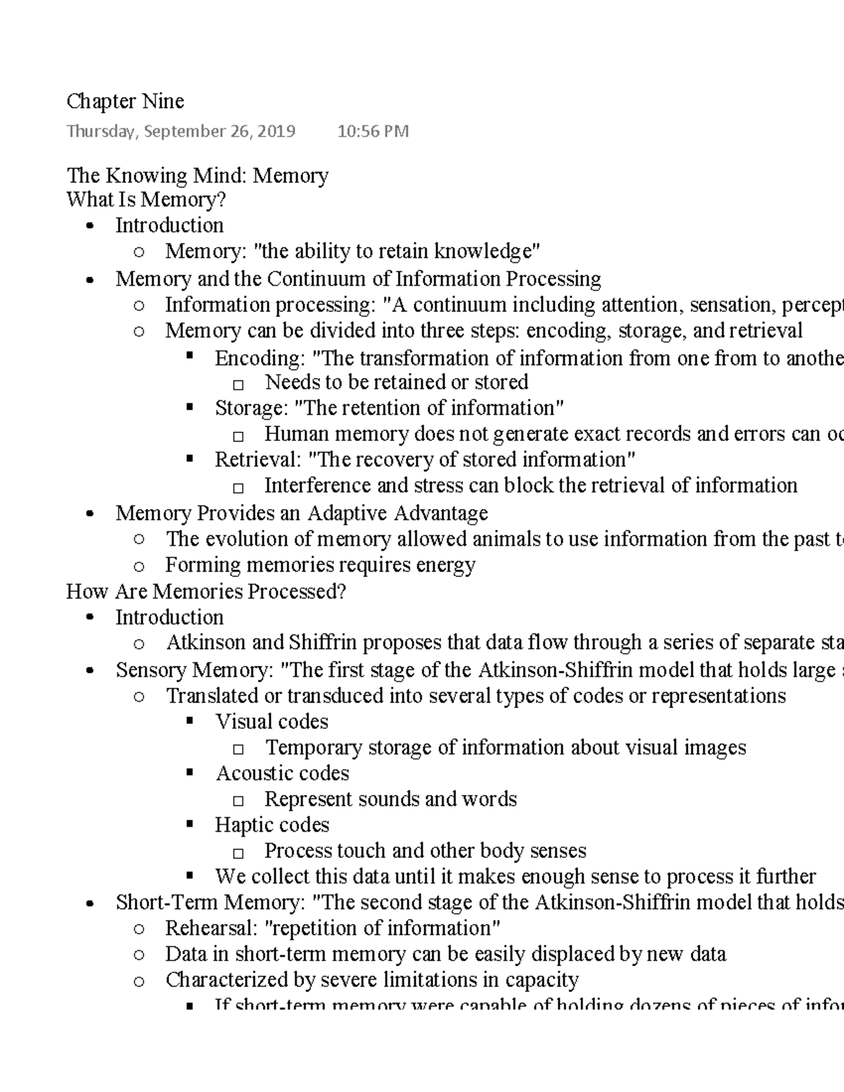 Chapter Nine - The Knowing Mind: Memory What Is Memory? Introduction ...