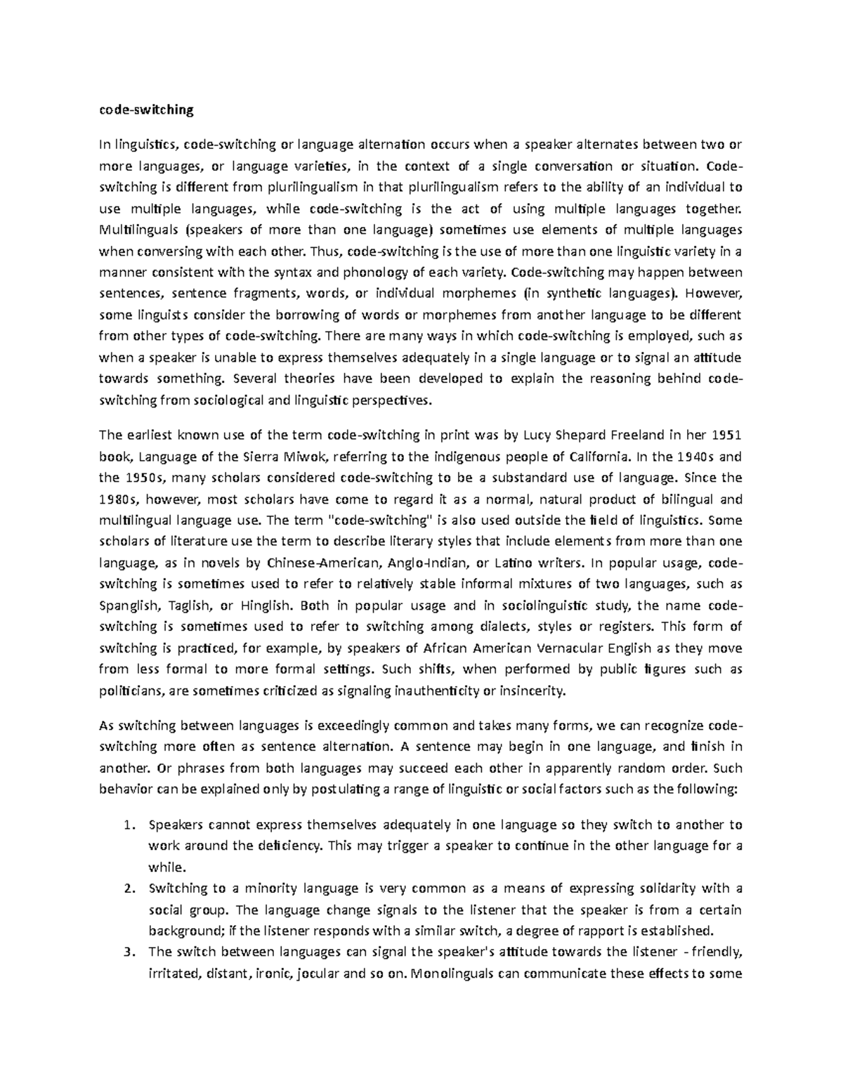 Code Switching Code Switching In Linguistics Code Switching Or Language Alternation Occurs