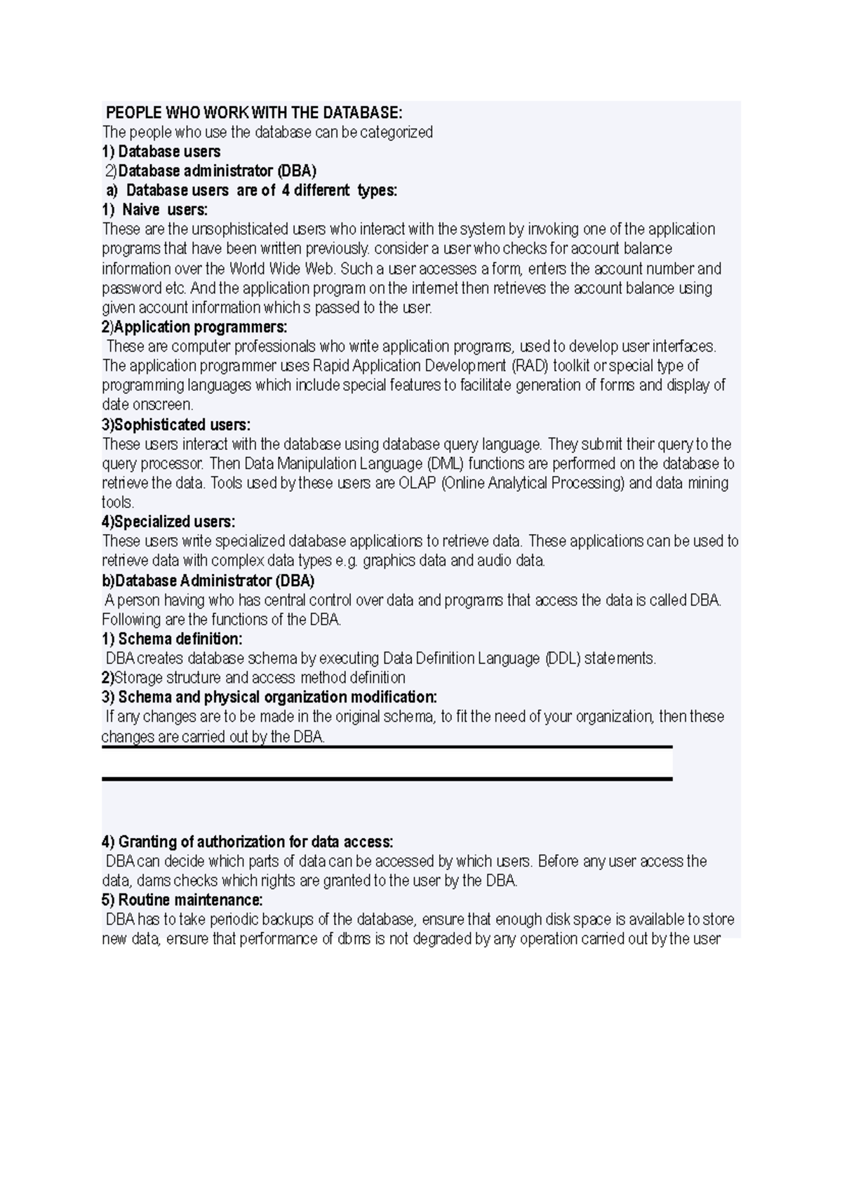 Unit 1 - PEOPLE WHO WORK WITH THE DATABASE: The people who use the ...