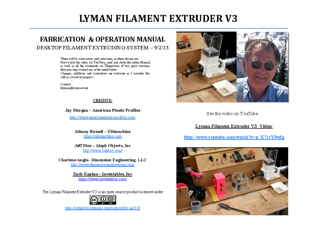 593217288 Lyman Filament Extruder v3 Manual - LYMAN FILAMENT EXTRUDER V ...