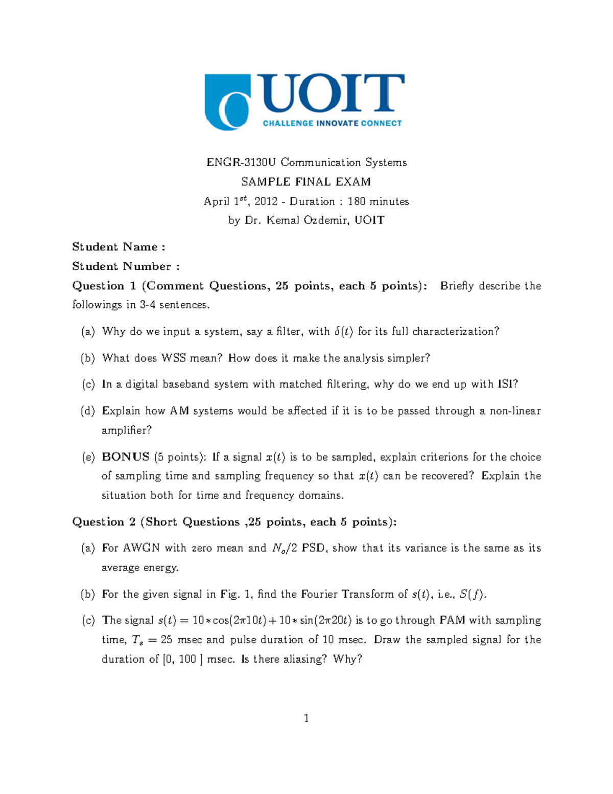 Sample/practice exam 1 April 2012, questions - Sample final exam ...