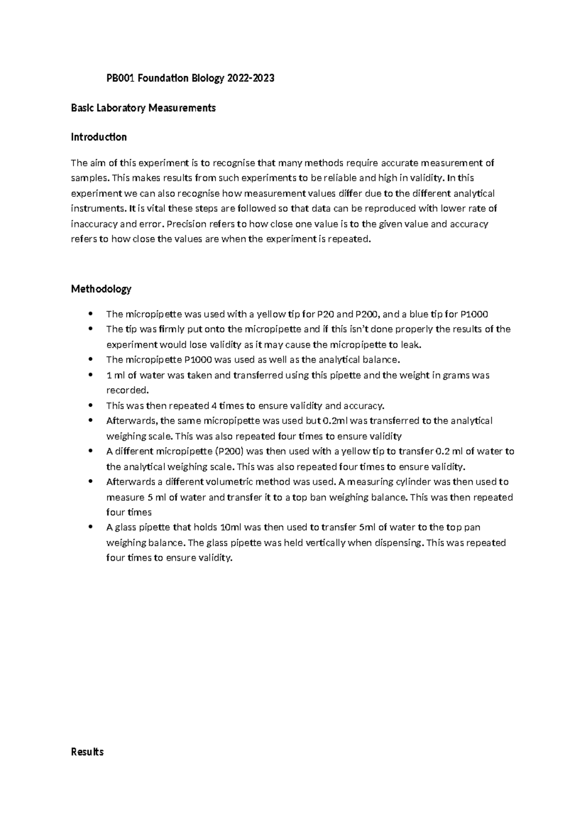 PB001 Foundation Biology pipetting Lab 2022-2023 - PB001 Foundation ...