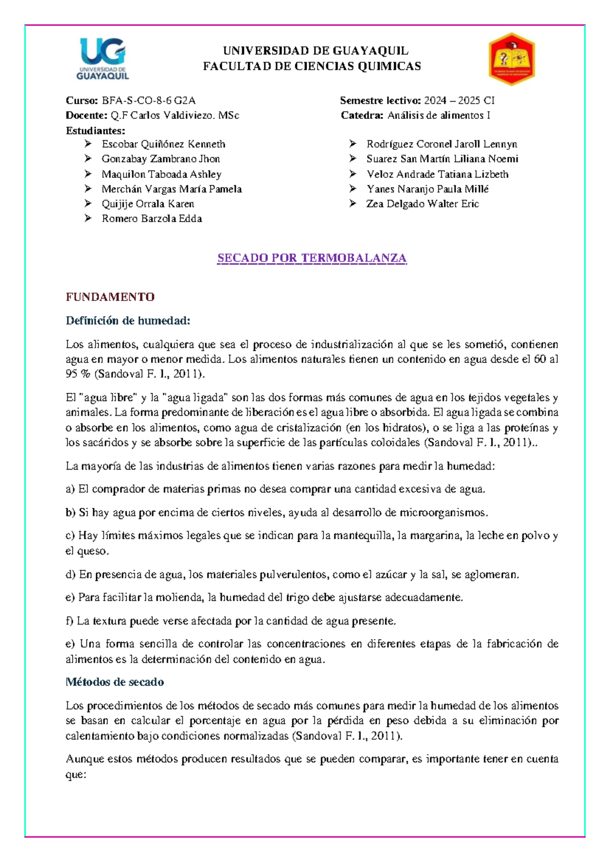 Secado POR Termobalanza - UNIVERSIDAD DE GUAYAQUIL FACULTAD DE CIENCIAS ...