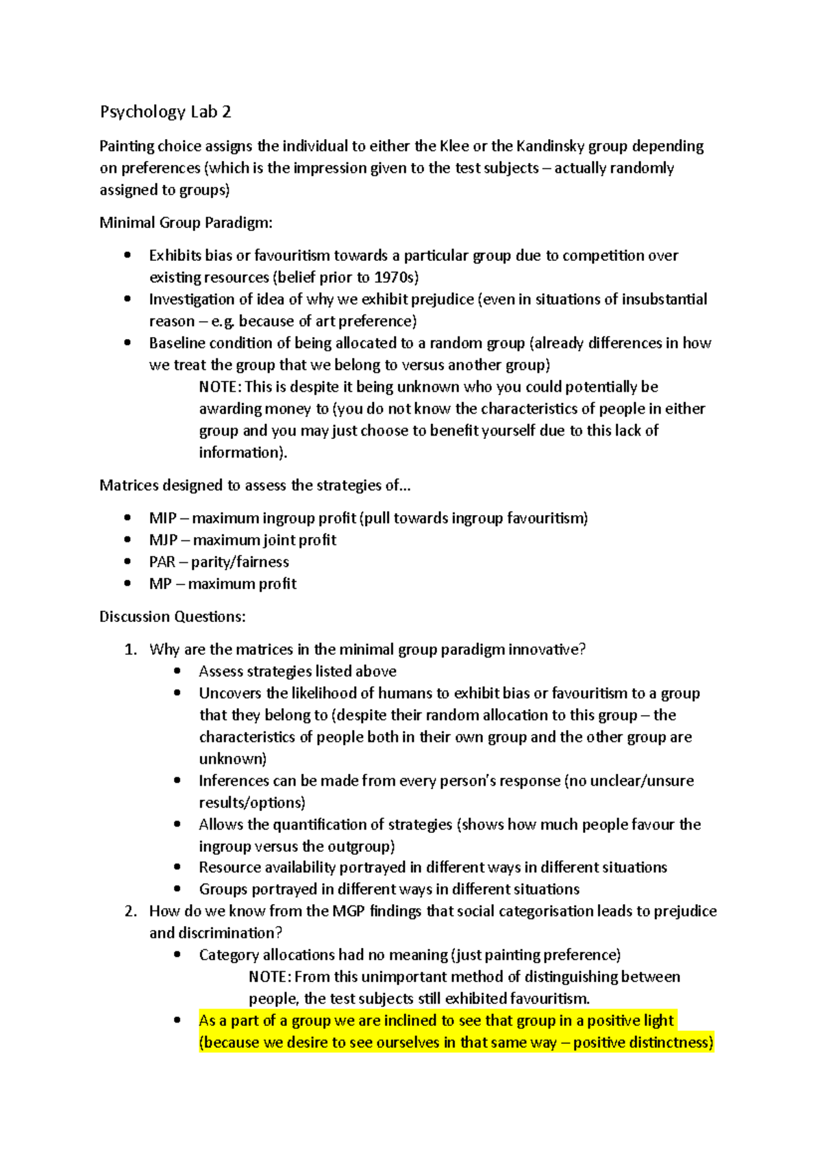 Psychology Lab 2: Minimal Group Paradigm and Social Identity Theory ...