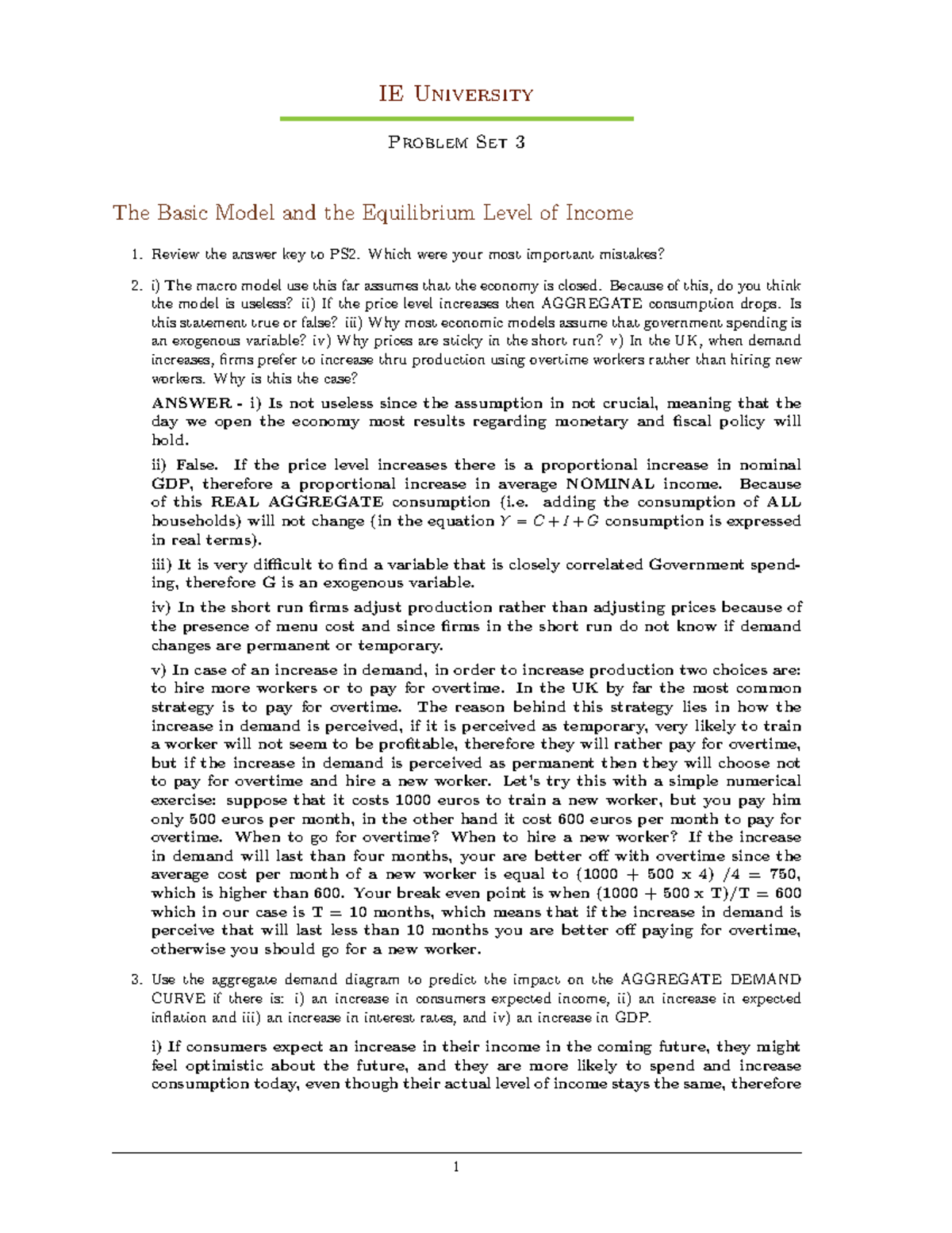 PS3 (Equilibrium) - problem set 3 - IE University Problem Set 3 The Basic Model and the ...