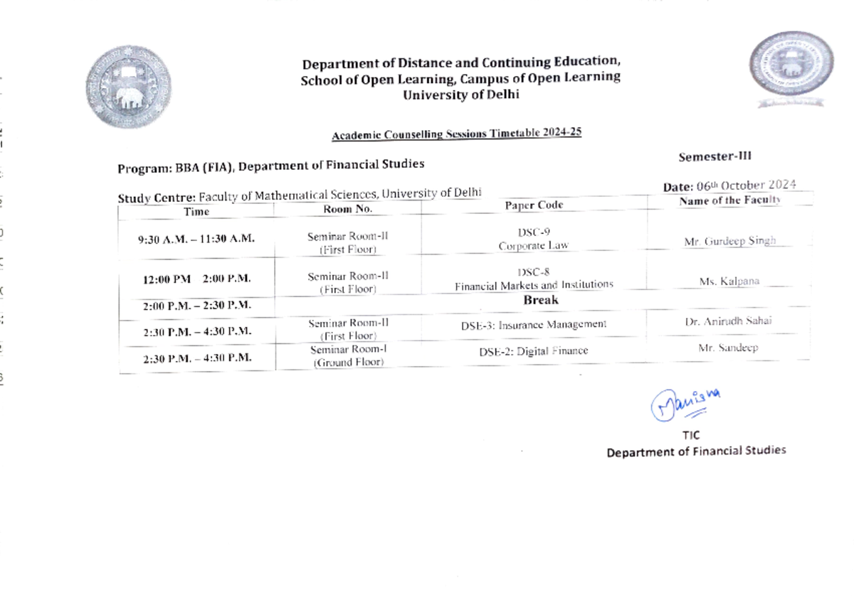 BBA FIA SEM III TT 06 10 2024 - Department of Financial Studies TIC 2: ...