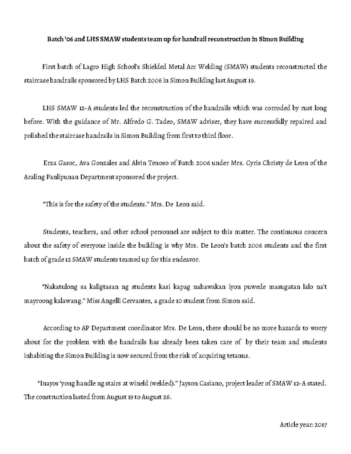 Sample WORK #4 - HS Article for Journ 101 - Batch ’06 and LHS SMAW ...