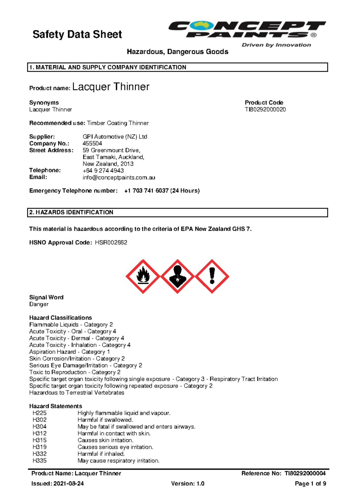 Lacquer Thinner-SDS - NZ - Product Name: Lacquer Thinner Reference No: TI Hazardous, Dangerous ...