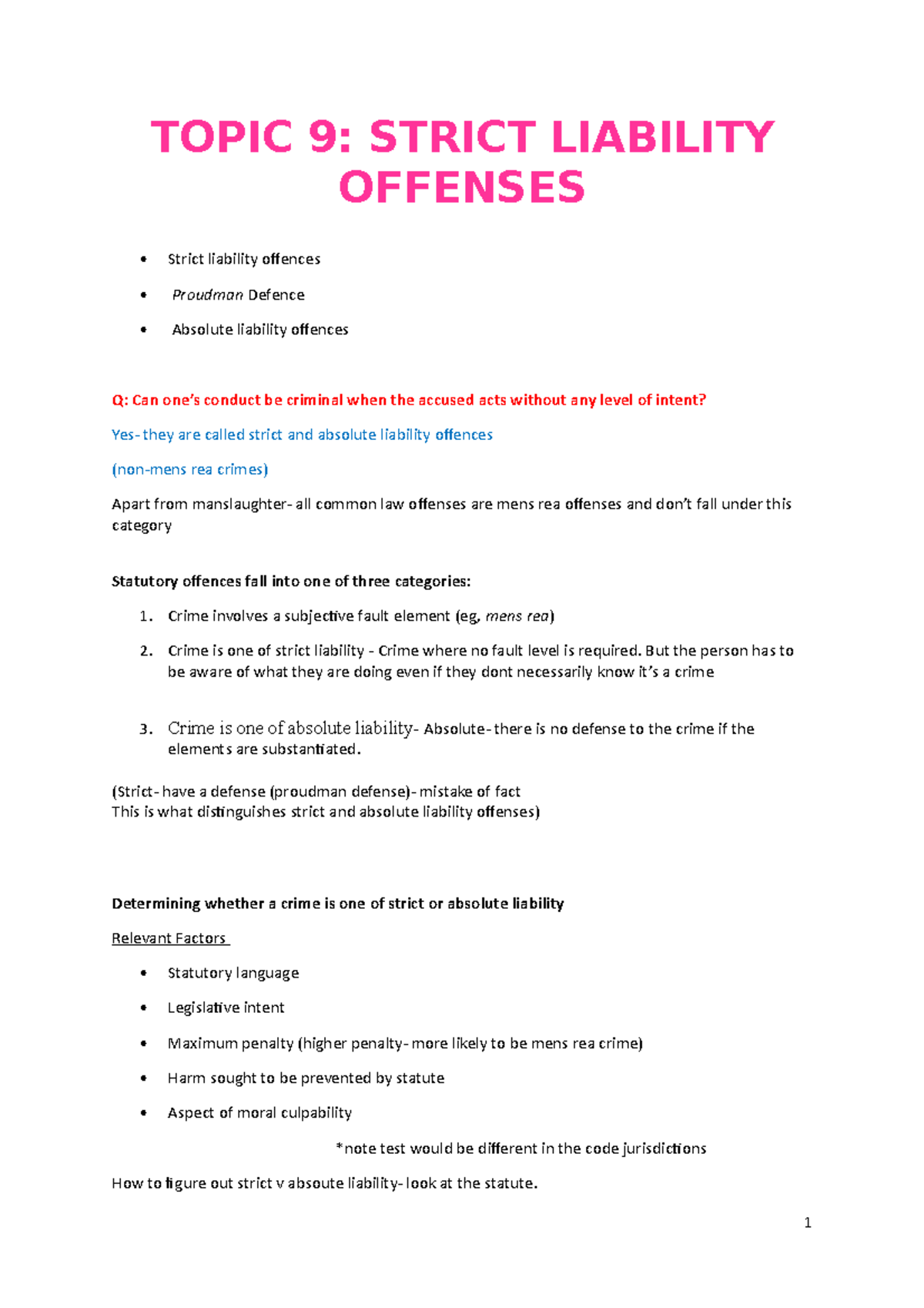Topic 9 Strict Liability - TOPIC 9: STRICT LIABILITY OFFENSES Strict ...