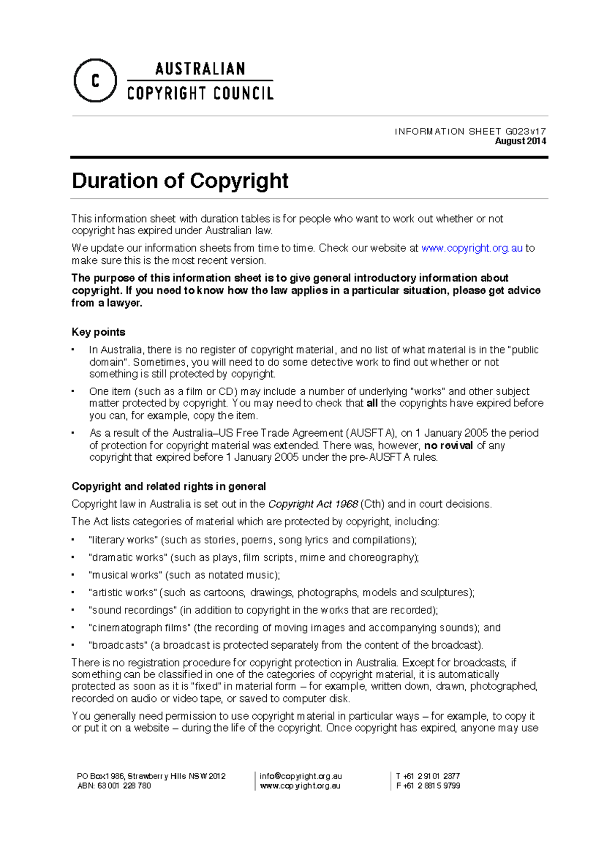 Duration of Copyright (G023v17) Final - PO Box 1986, Strawberry Hills ...