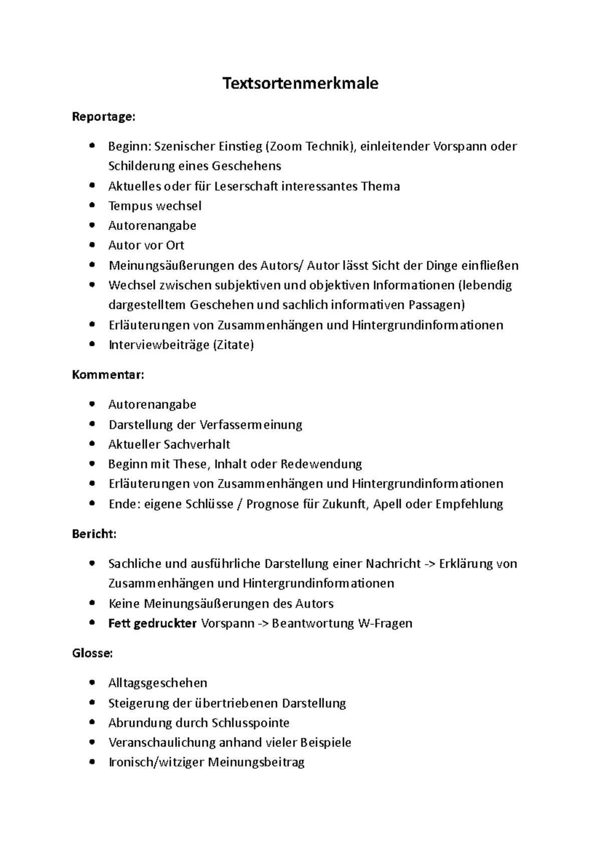 Deutsch Textsortenmerkmale - Textsortenmerkmale Reportage: Beginn ...
