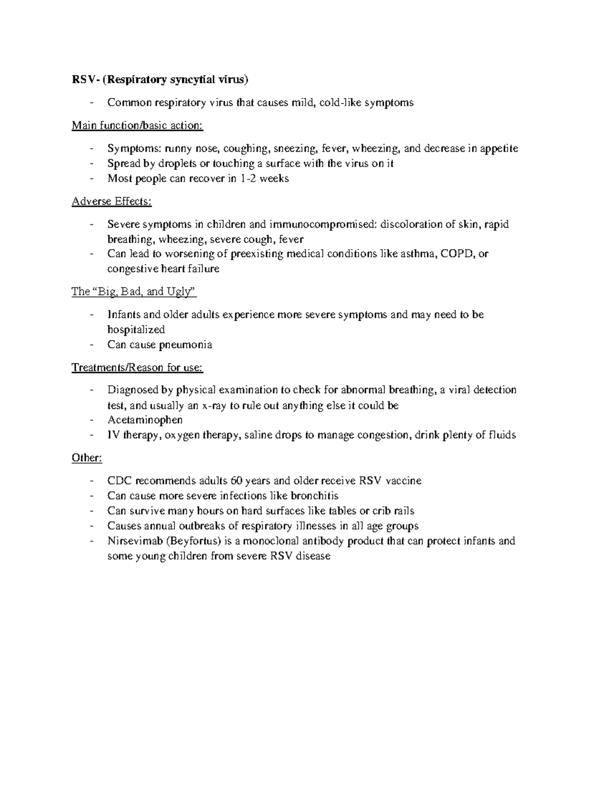 RSV - RSV study sheet - RSV- (Respiratory syncytial virus) - Common ...
