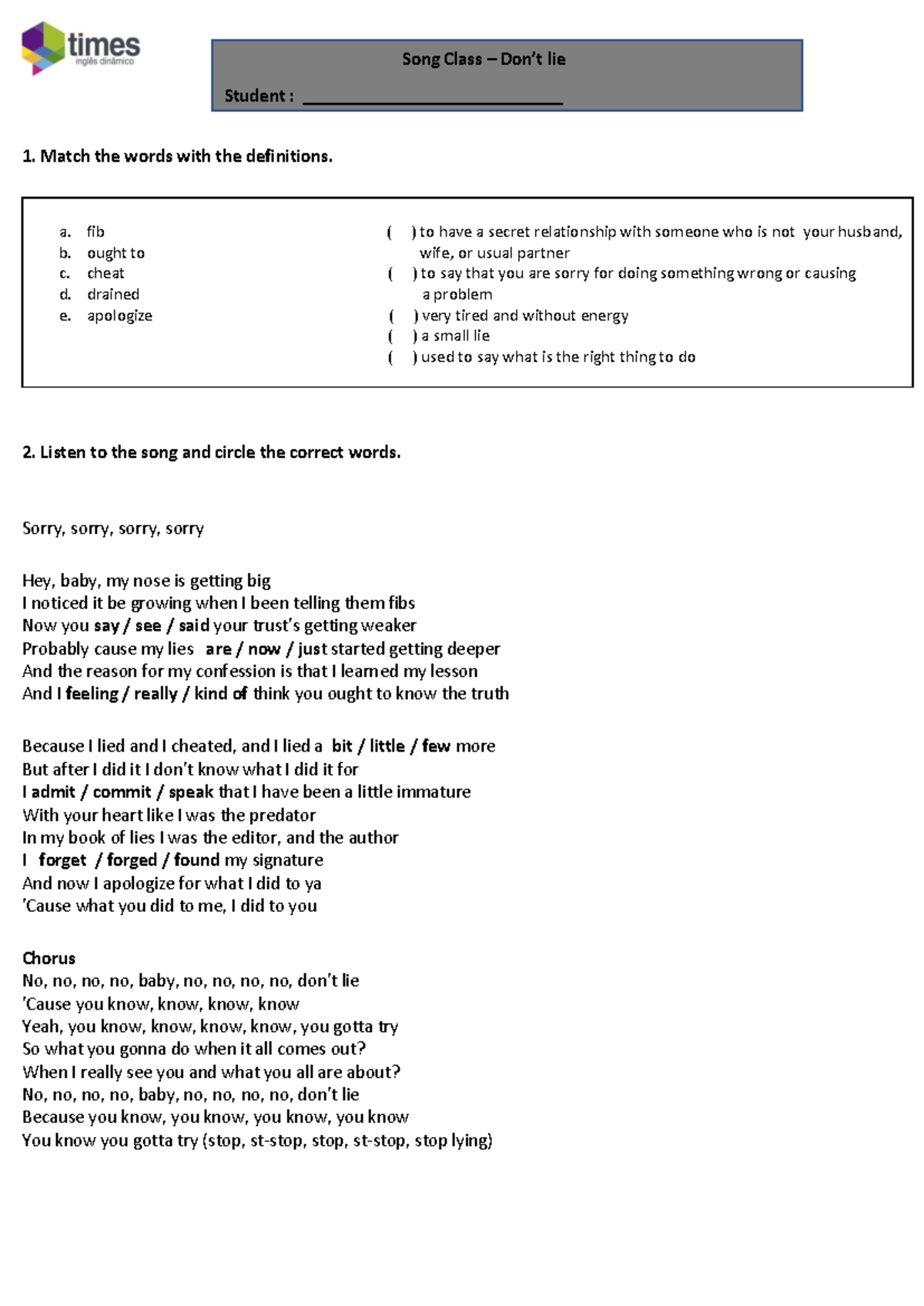 Song Class - Don t lie - Worksheet - 1. Match the words with the ...