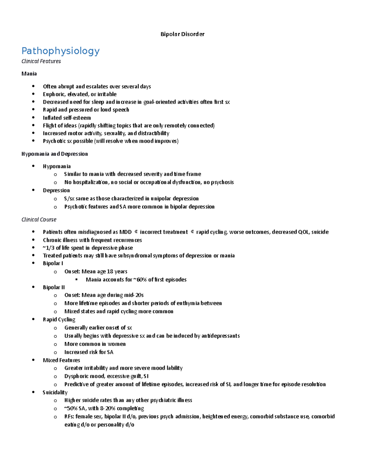 Bipolar Disorder handout - Bipolar Disorder Pathophysiology Clinical ...