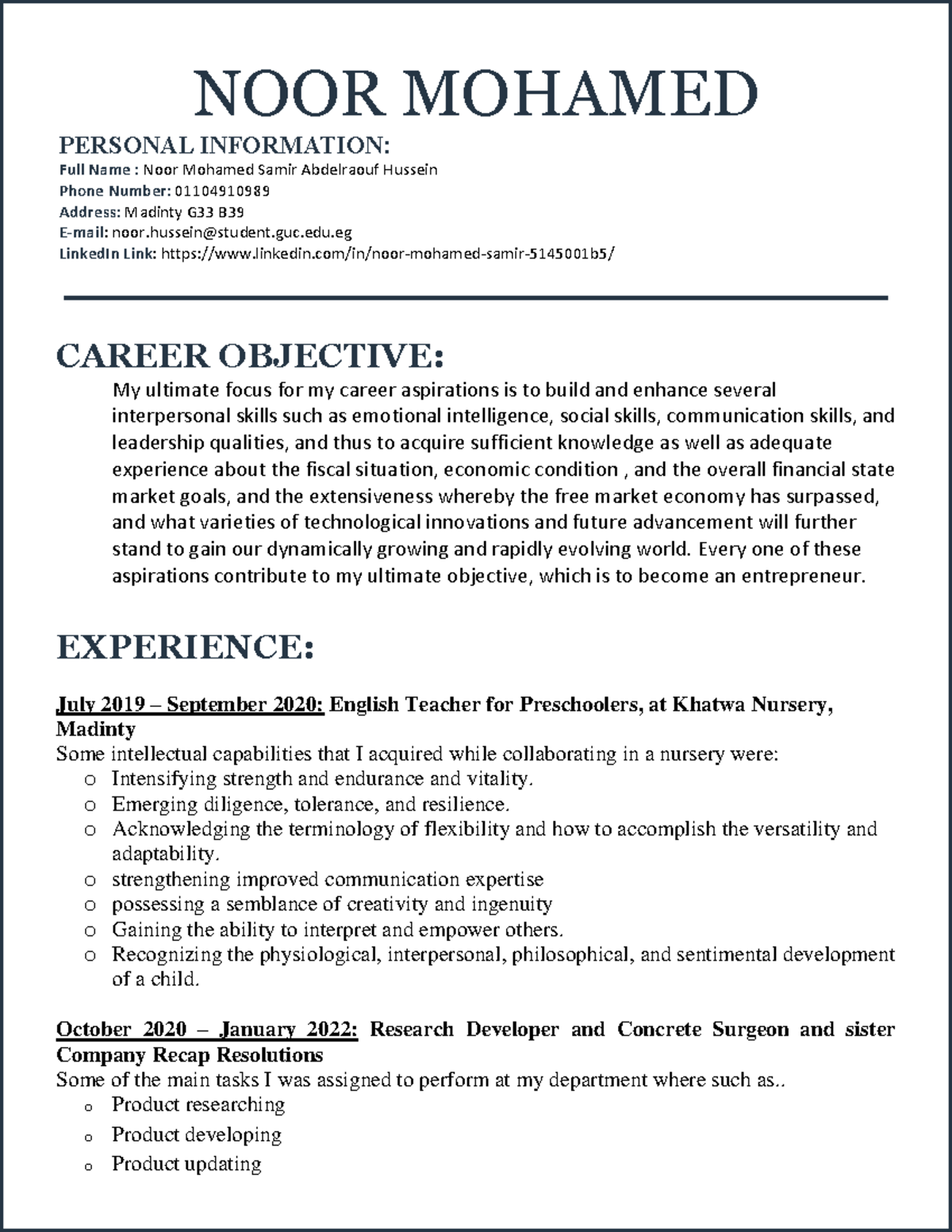 Noor Mohamed Samir CV (Resume) - NOOR MOHAMED PERSONAL INFORMATION ...