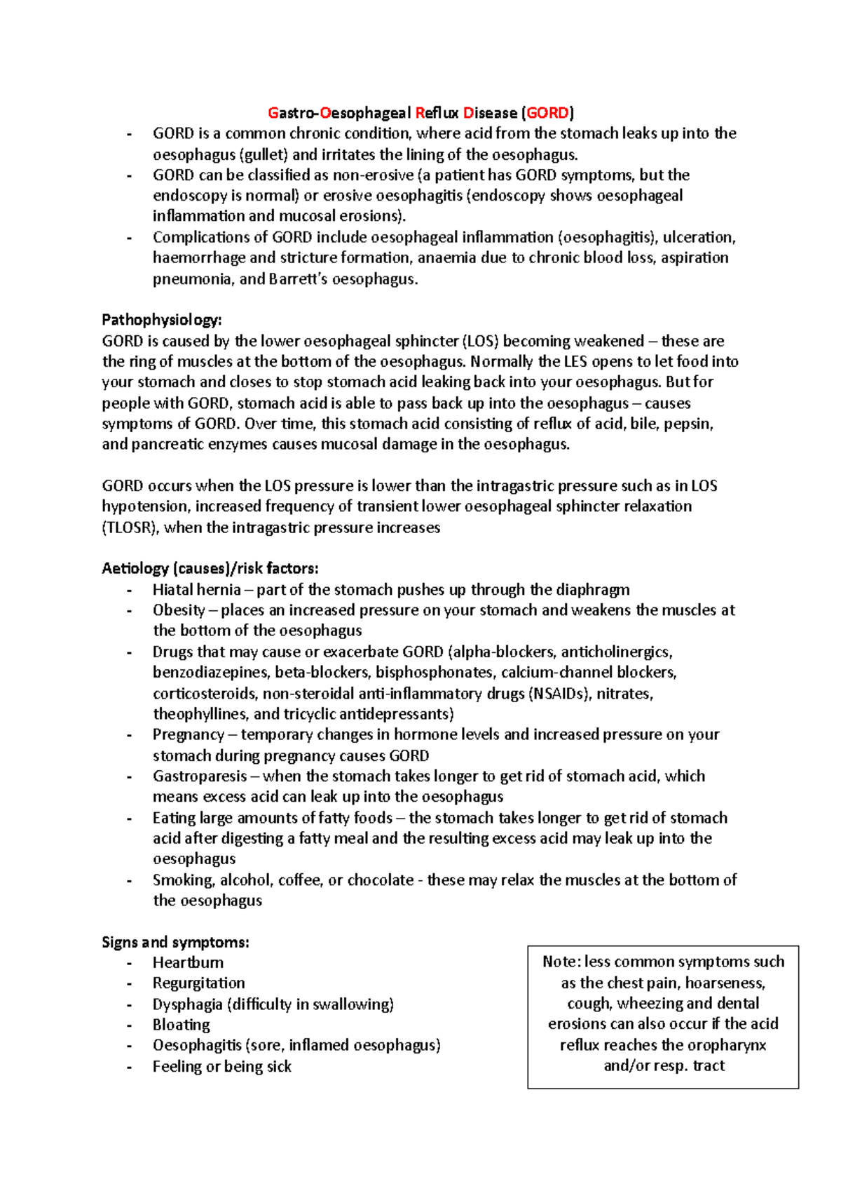 GORD - Aetiology, Signs and symptoms, diagnosis, management and ...