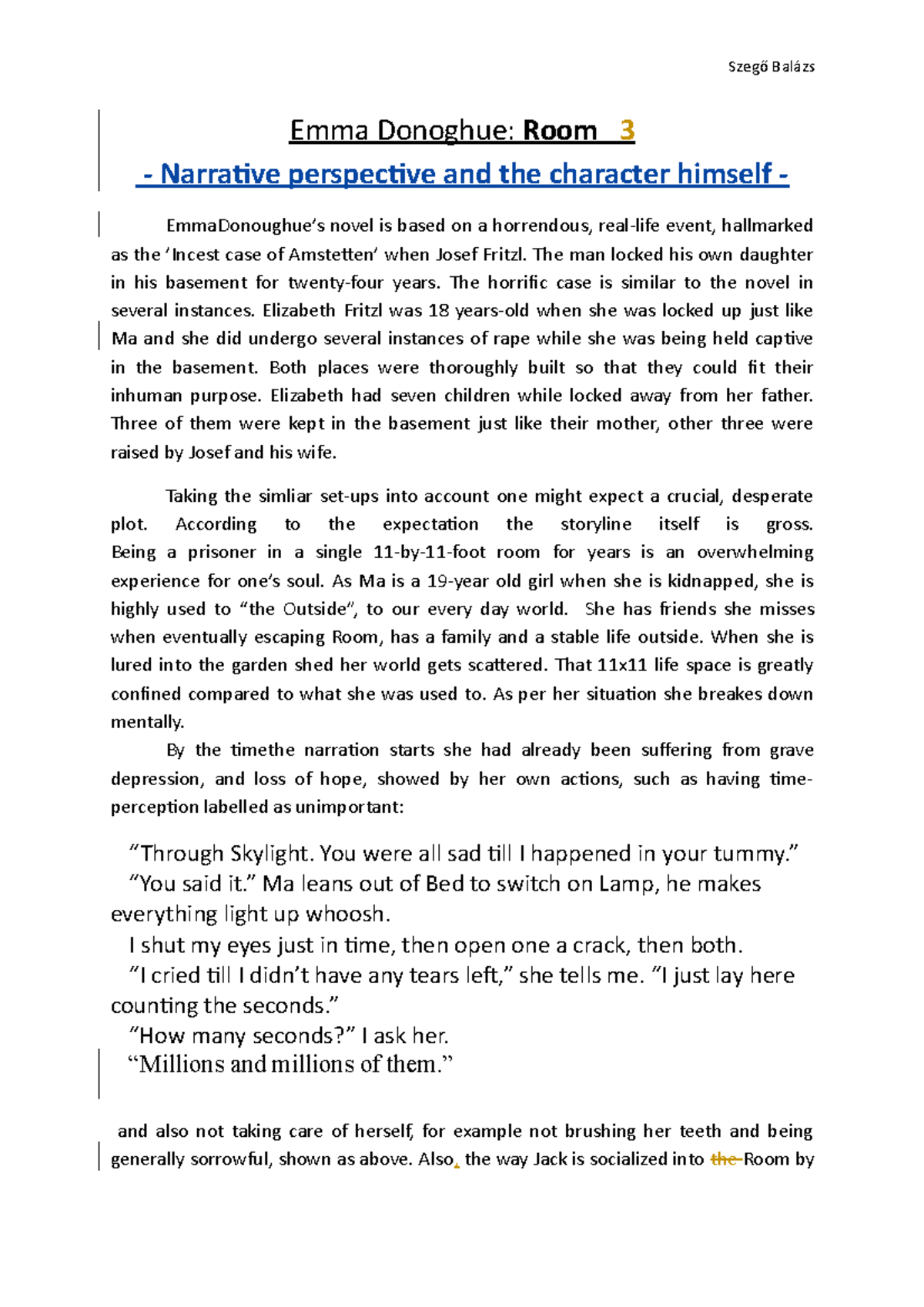 Room analysis about the viewpoint and narrator - Szegő Balázs Emma ...