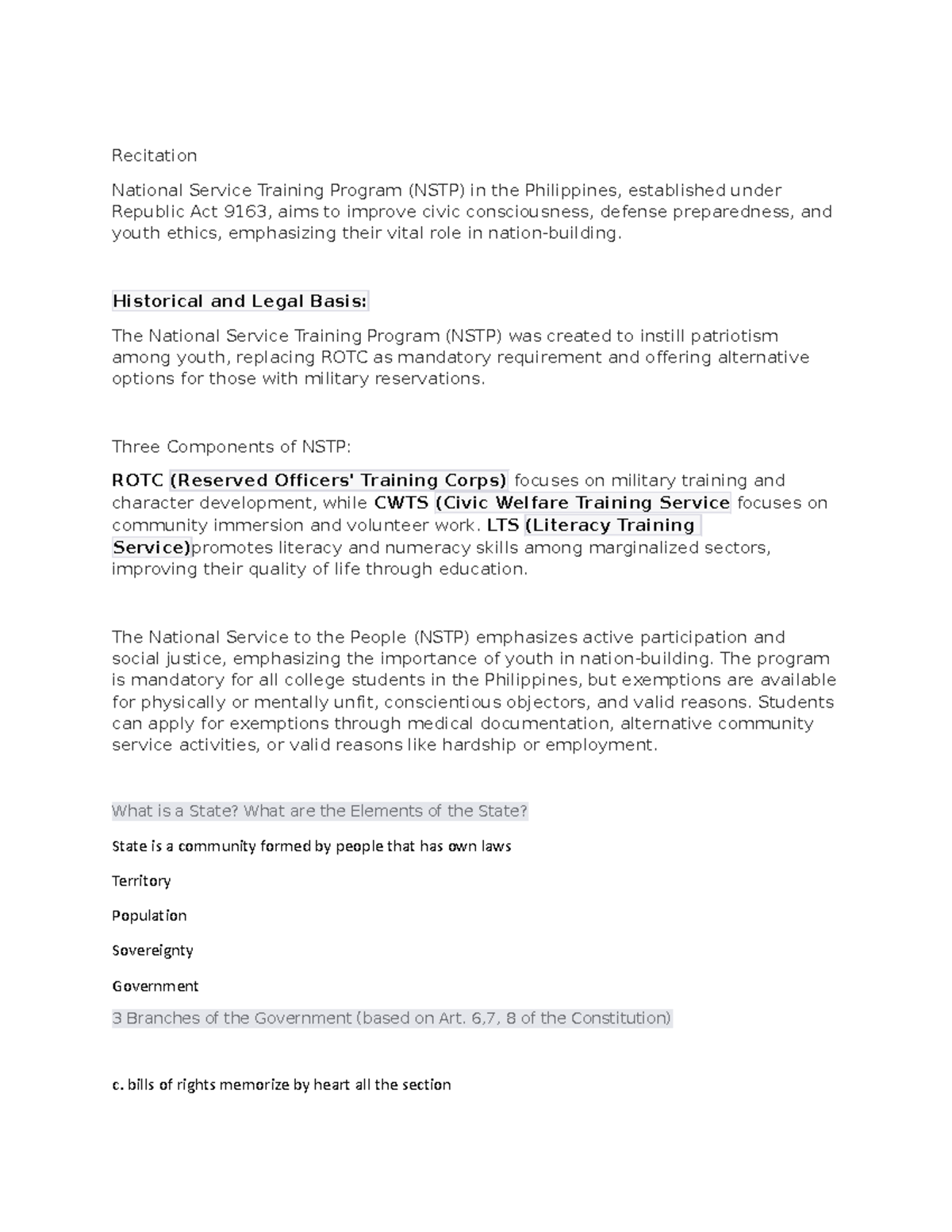 Nstp - HELPFUL - Recitation National Service Training Program (NSTP) in ...