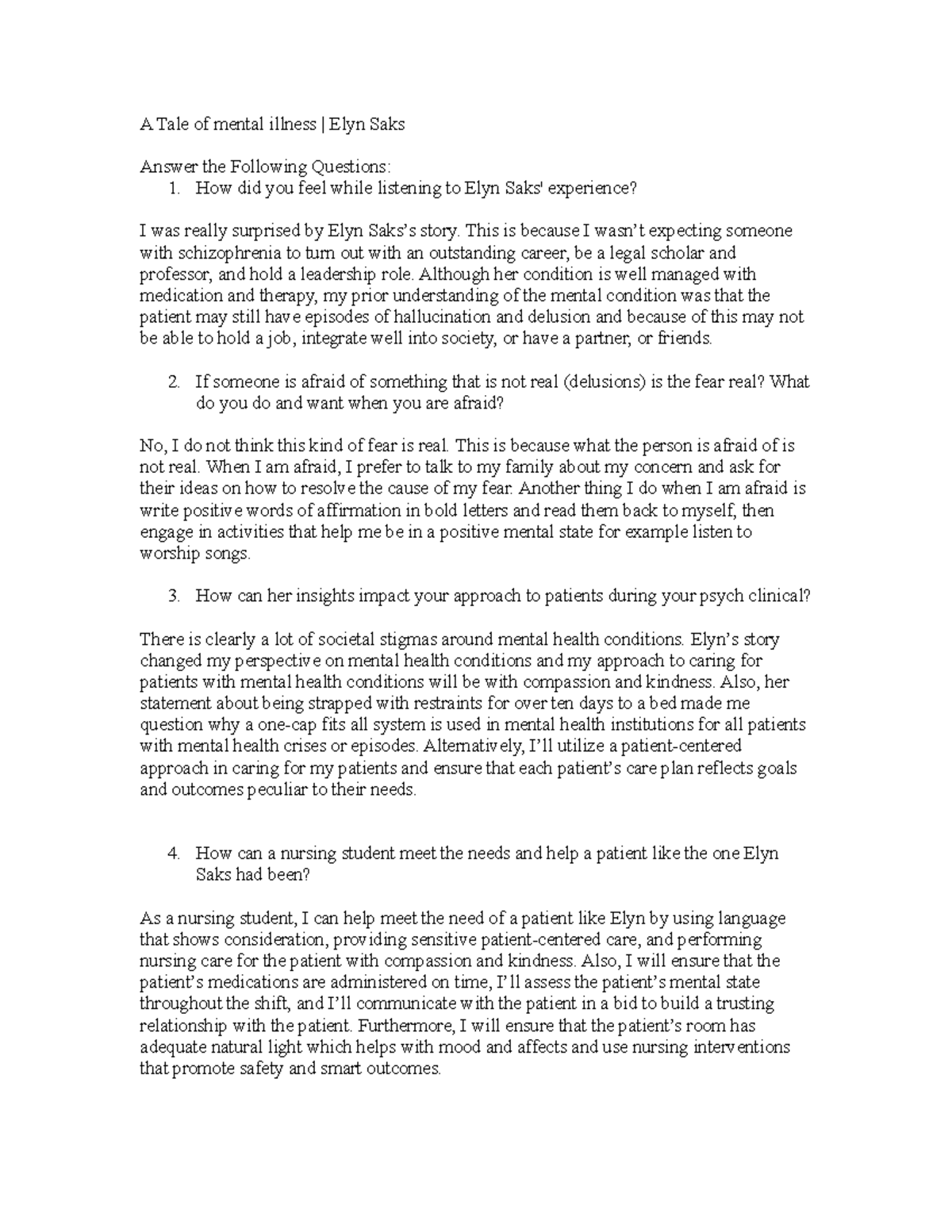 Reflection on Elyn saks story - A Tale of mental illness | Elyn Saks ...