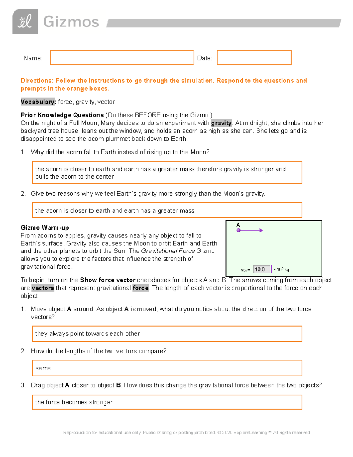 Gravitational Forcse Student Exploration - Name: Date: Directions ...