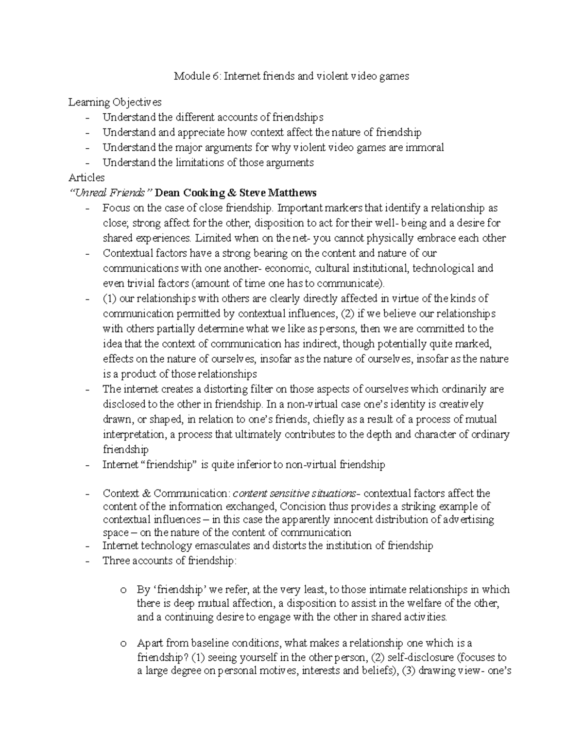 Module 6 Reading Notes - Module 6: Internet friends and violent video ...