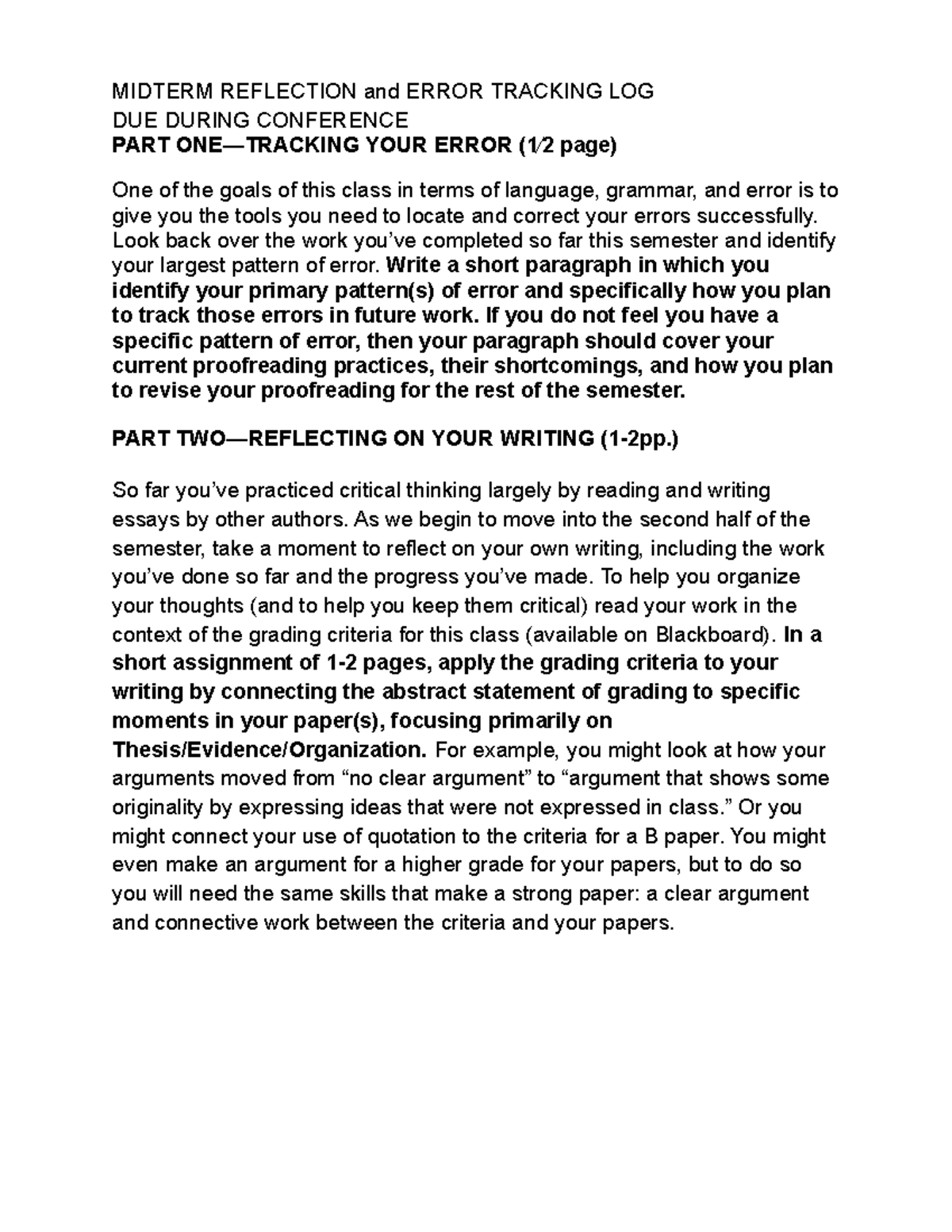 Midterm Reflection - MIDTERM REFLECTION and ERROR TRACKING LOG DUE ...