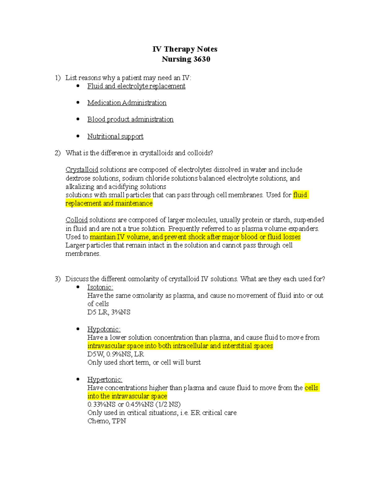 IV Therapy Student Notes - IV Therapy Notes Nursing 3630 List reasons ...