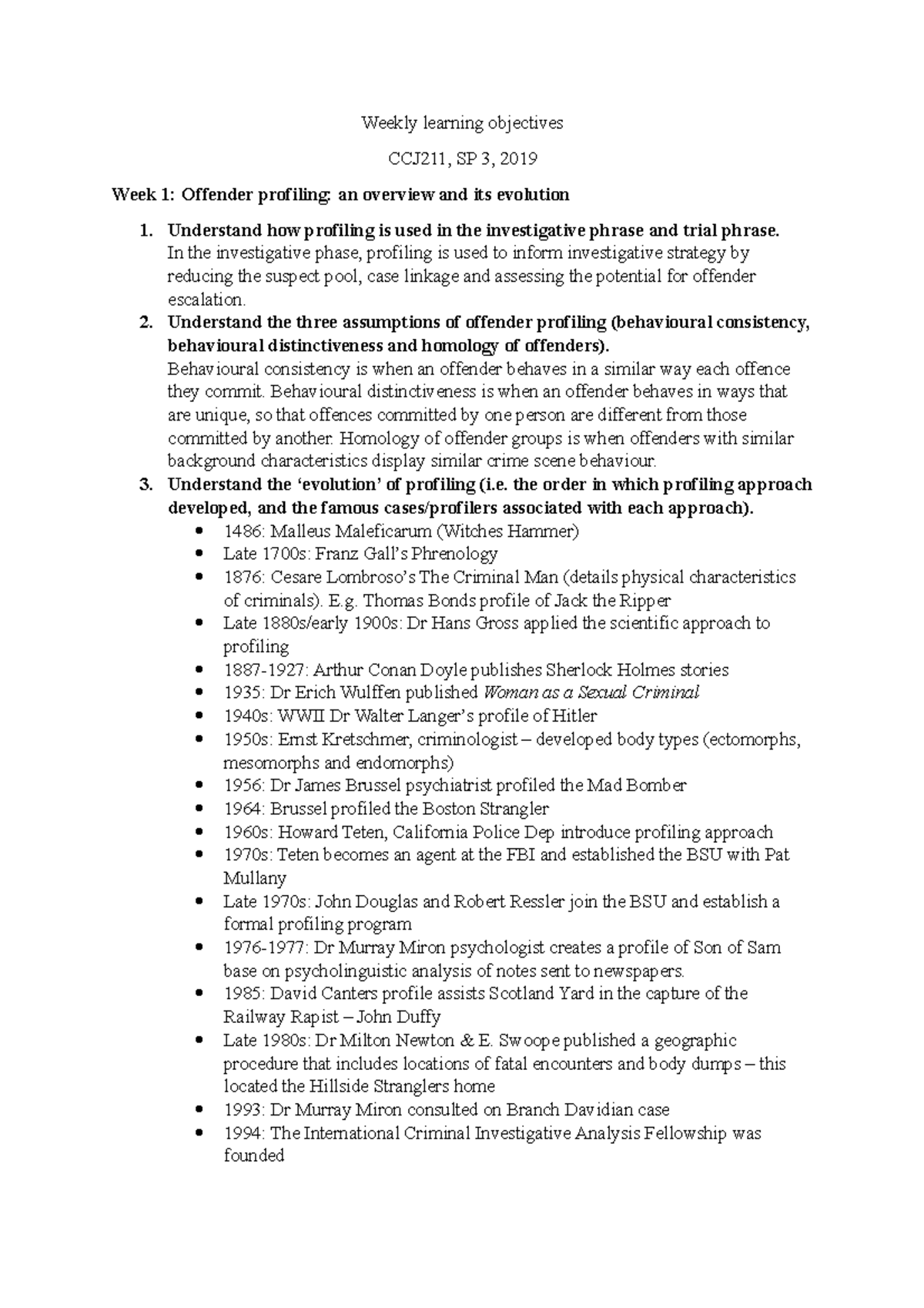 Weekly learning objectives - Weekly learning objectives CCJ211, SP 3 ...